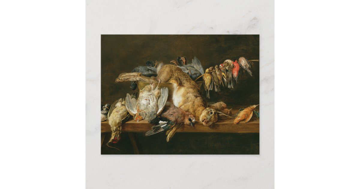 Still life of dead birds and a hare on a table postcard | Zazzle