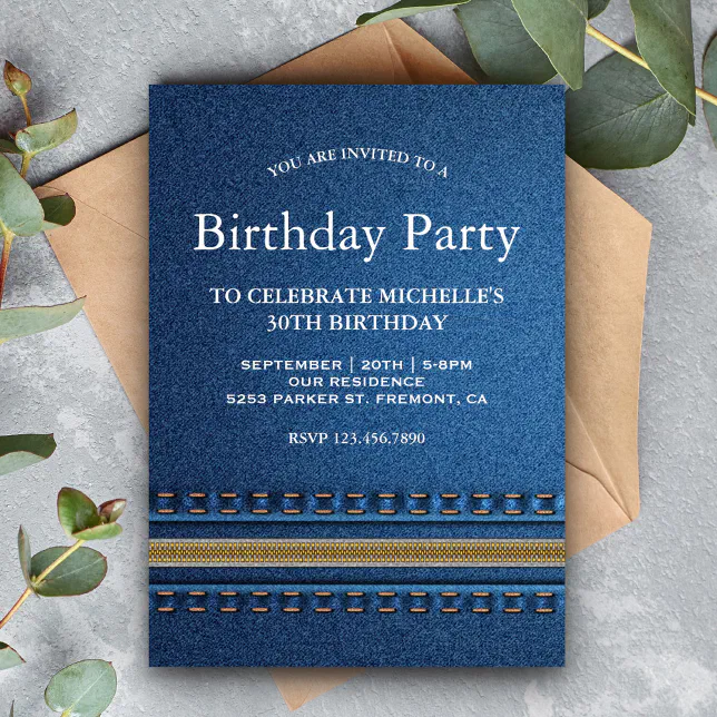 Stitched Denim Zipper Jeans Birthday Party Invitation | Zazzle