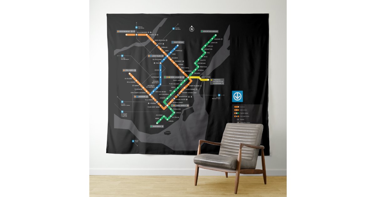 STM Montreal Metro Subway Map Black Background HD Tapestry | Zazzle
