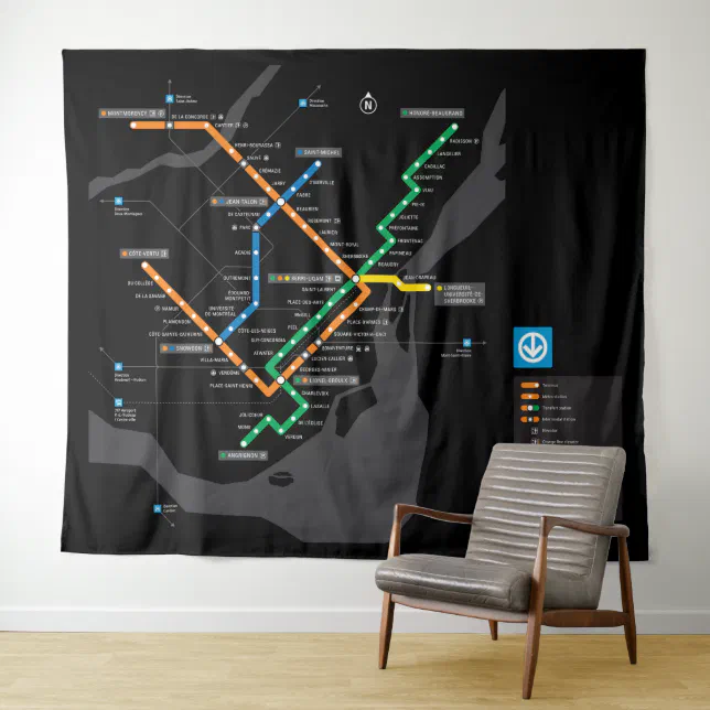STM Montreal Metro Subway Map Black Background HD Tapestry | Zazzle