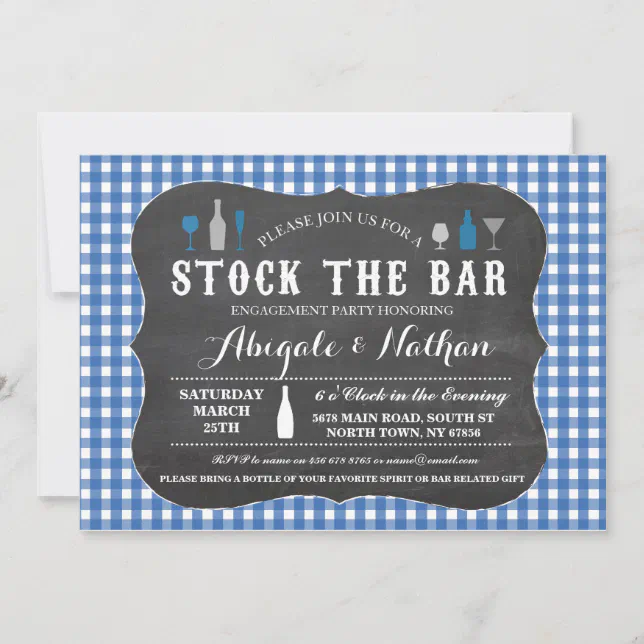Stock The Bar Blue Engagement Party Invitation | Zazzle
