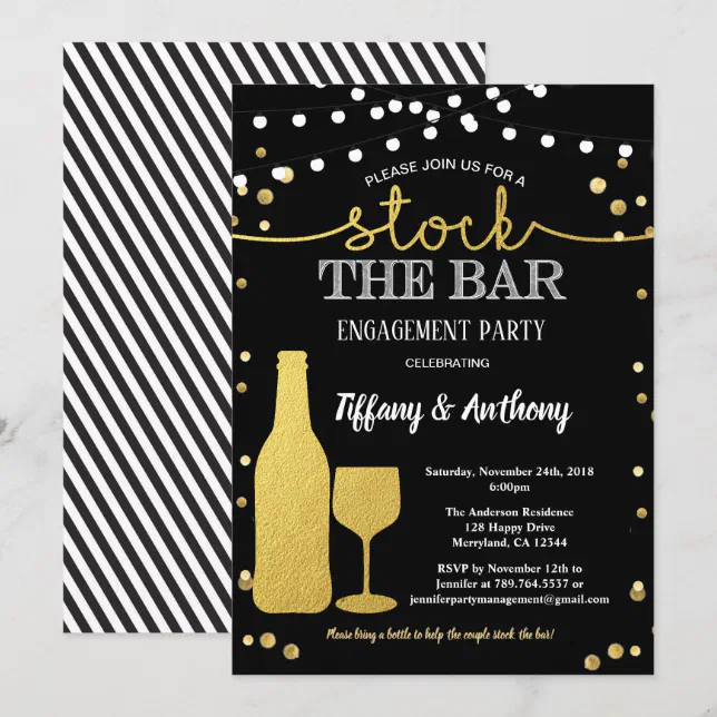 Stock the bar engagement party black and gold invitation | Zazzle
