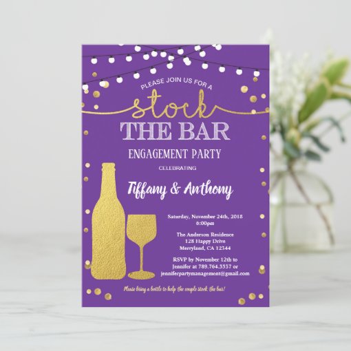 Stock the bar engagement party purple and gold invitation | Zazzle
