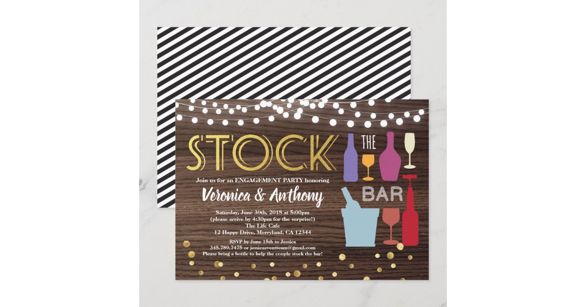 Stock the bar invitation engagement wood & gold | Zazzle