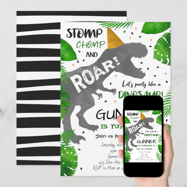 Stomp, Chomp and Roar! Dinosaur Birthday Invite | Zazzle