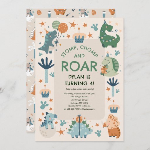 Stomp, Chomp and Roar Dinosaur Kid's Birthday Invitation | Zazzle