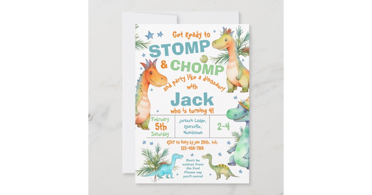 STOMP! CHOMP! Dinosaur Birthday Party Invitation | Zazzle
