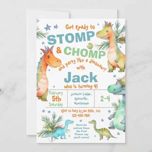 STOMP! CHOMP! Dinosaur Birthday Party Invitation | Zazzle