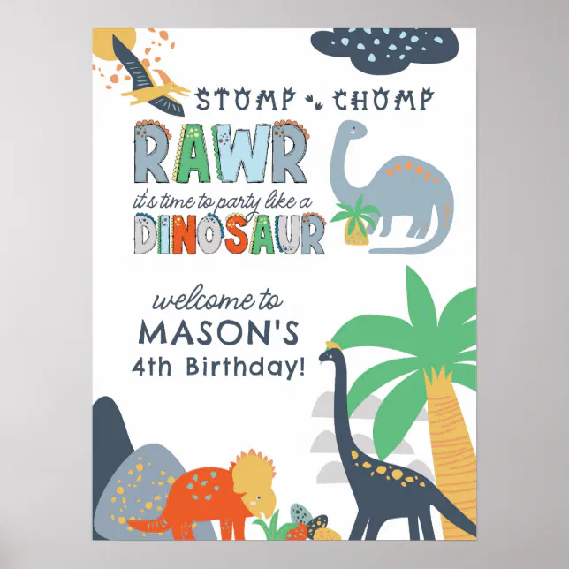 Stomp Chomp Rawr Dinosaur Birthday Welcome Sign | Zazzle