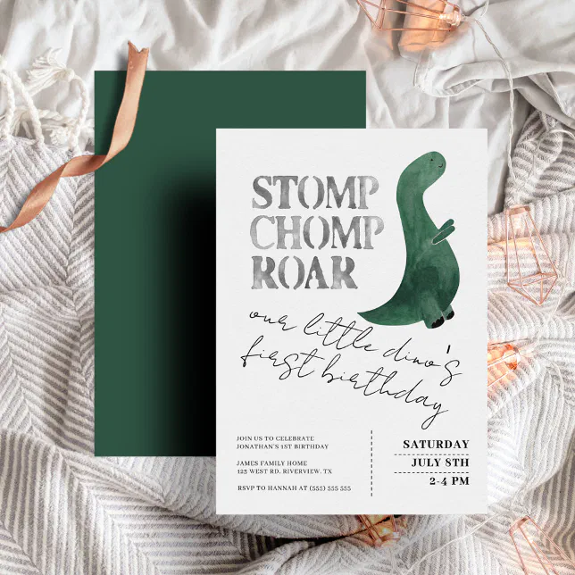 Stomp Chomp Roar Baby Boy Dinosaur First Birthday Invitation | Zazzle