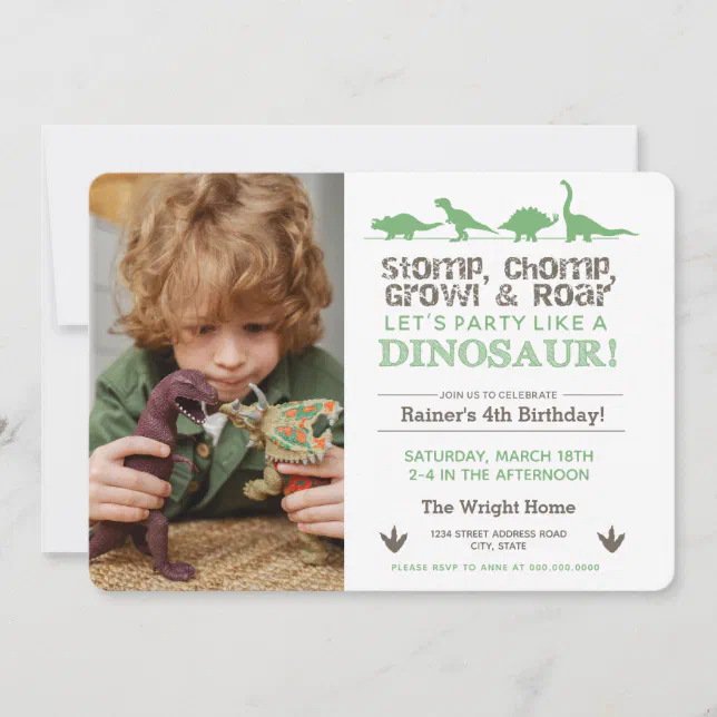 Stomp Chomp ROAR Birthday Dinosaur Download Green Invitation | Zazzle