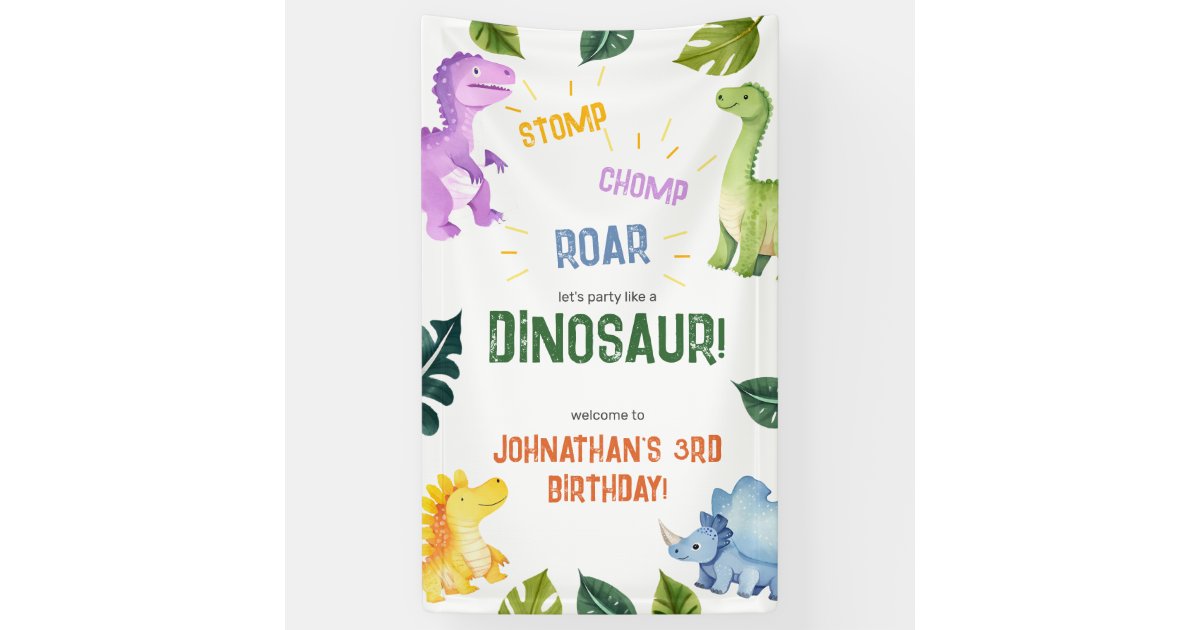 Stomp Chomp Roar Dinosaur 3rd Birthday Party Banner | Zazzle