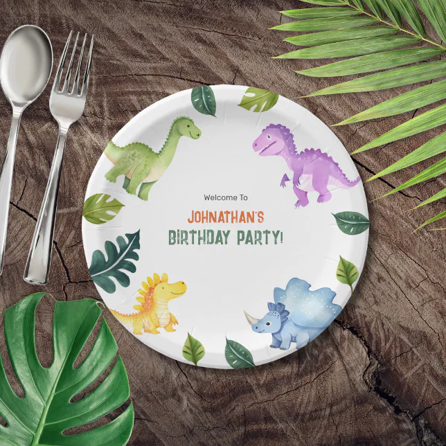 Stomp Chomp Roar Dinosaur Birthday Party Paper Plates | Zazzle