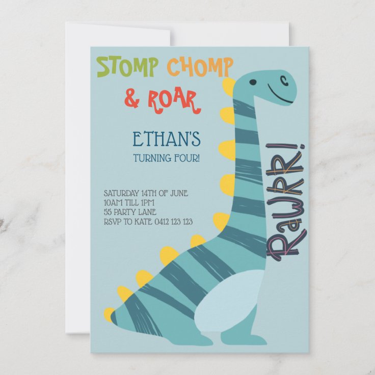 Stomp Chomp Roar Dinosaur Four Birthday Invitation | Zazzle