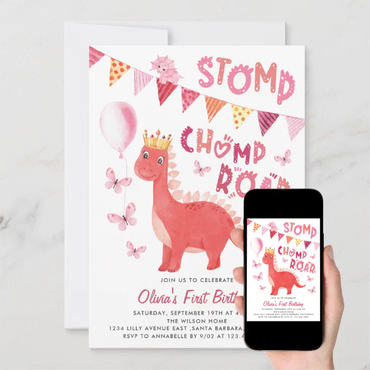 Stomp Chomp Roar Dinosaur Girl 1st Birthday Party Invitation | Zazzle