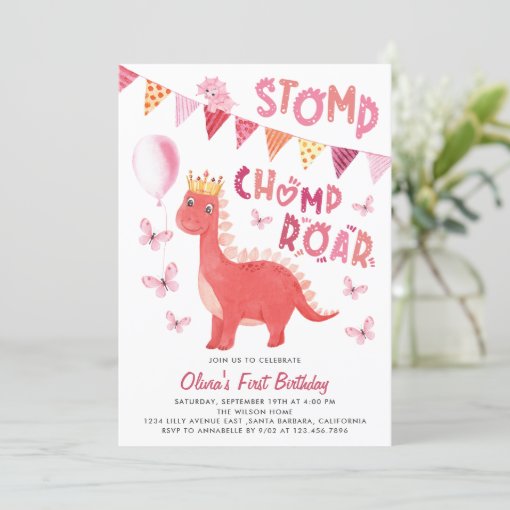 Stomp Chomp Roar Dinosaur Girl 1st Birthday Party Invitation | Zazzle