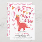 Stomp Chomp Roar Dinosaur Girl 1st Birthday Party Invitation | Zazzle