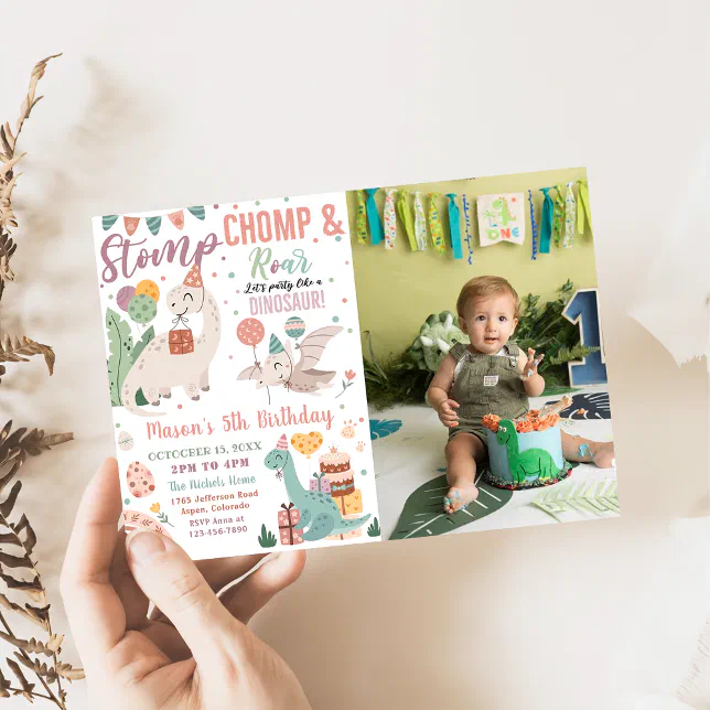 Stomp, Chomp & Roar Dinosaurs Birthday Photo Invitation | Zazzle