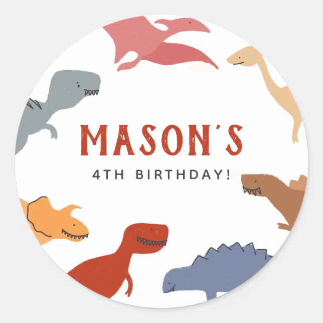Stomp, Chomp & Roar! Dinosaurs Boy Birthday Party Classic Round Sticker ...