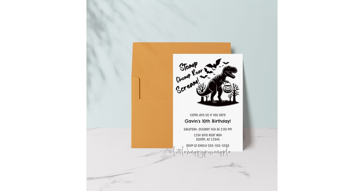 Stomp Chomp Roar Scream Dino Halloween Birthday Invitation | Zazzle