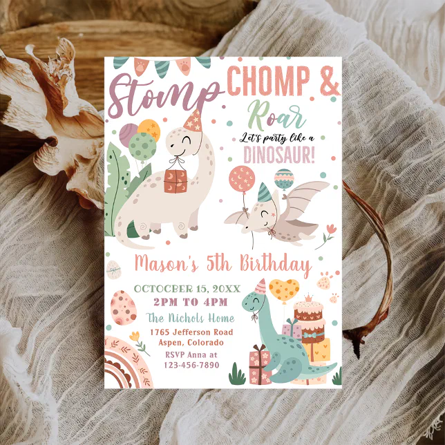 Stomp, Chomp & Roar Watercolor Dinosaurs Birthday Invitation | Zazzle
