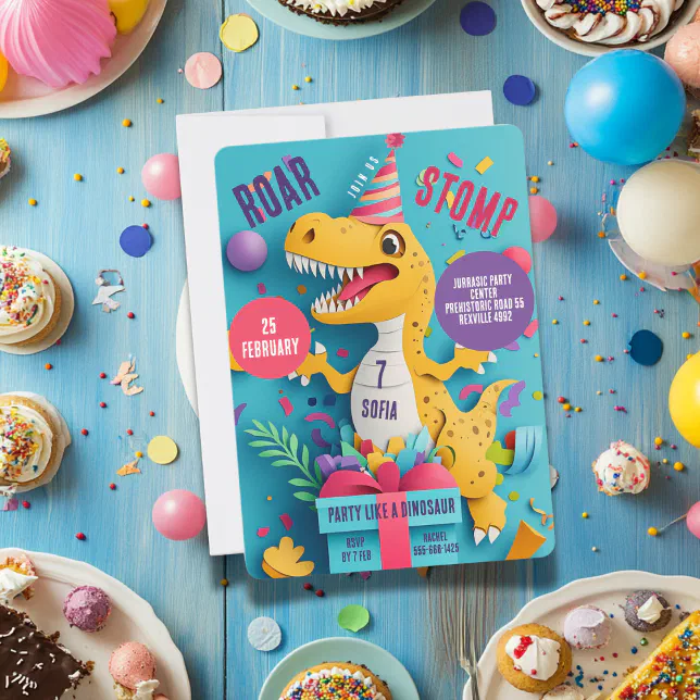 Stomp Roar Dinosaur Girl Birthday Party Invitation | Zazzle