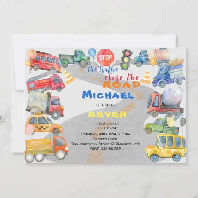 Stop the traffic close the road cars boy birthday invitation | Zazzle