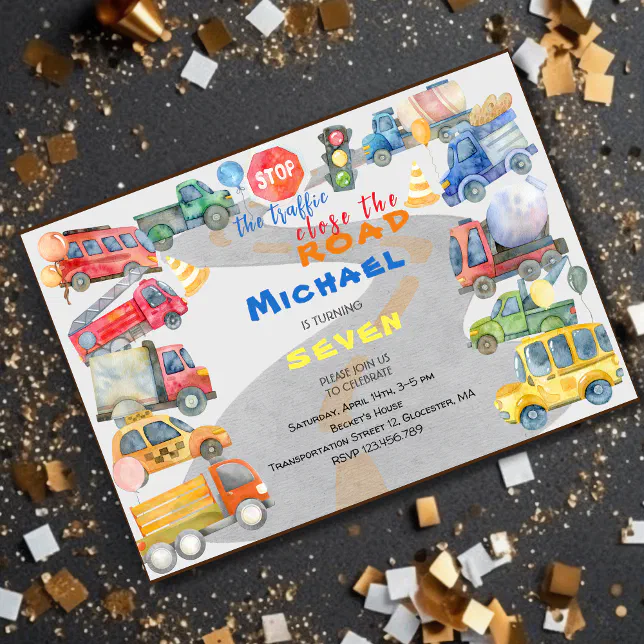 Stop the traffic close the road cars boy birthday invitation | Zazzle