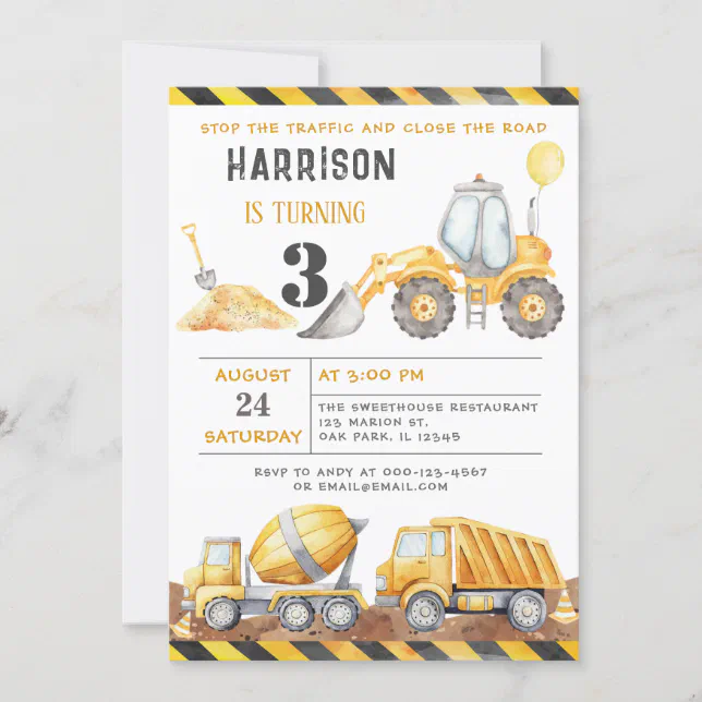 Stop The Traffic Construction Trucks Birthday Invitation | Zazzle