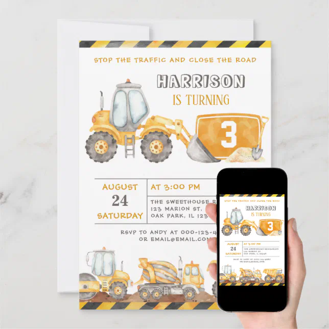 Stop The Traffic Construction Trucks Boy Birthday Invitation | Zazzle