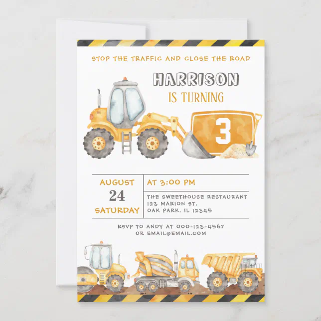 Stop The Traffic Construction Trucks Boy Birthday Invitation | Zazzle