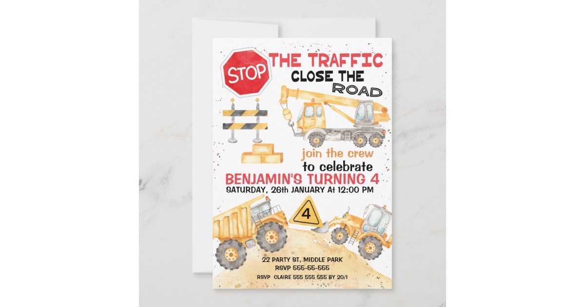 Stop The Traffic Road Construction Birthday Invitation | Zazzle