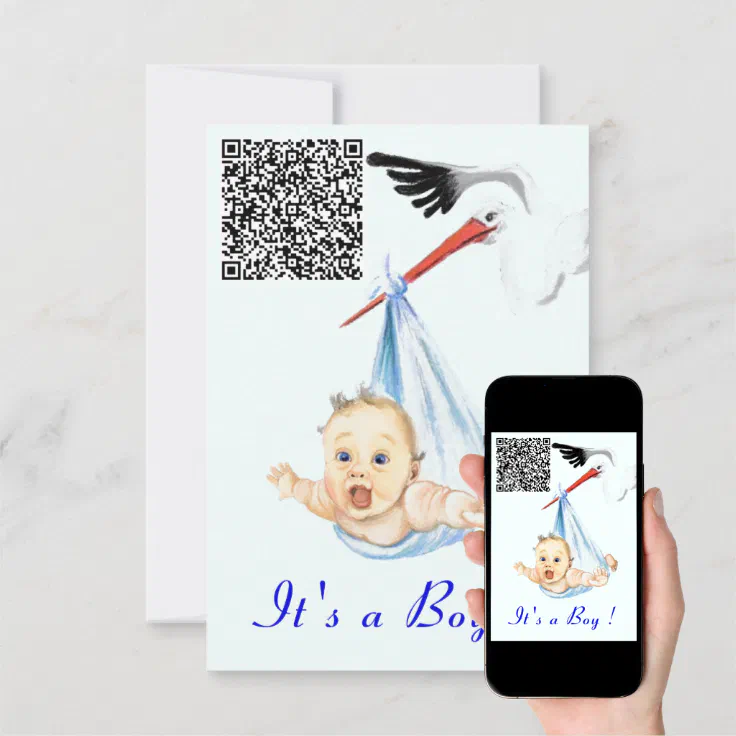 Stork and Baby Boy Shower Invitation QR Code Info | Zazzle