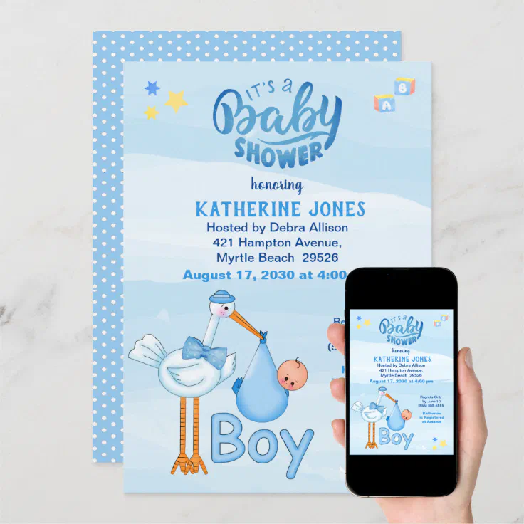 Stork and Baby Boy Shower Invitations | Zazzle