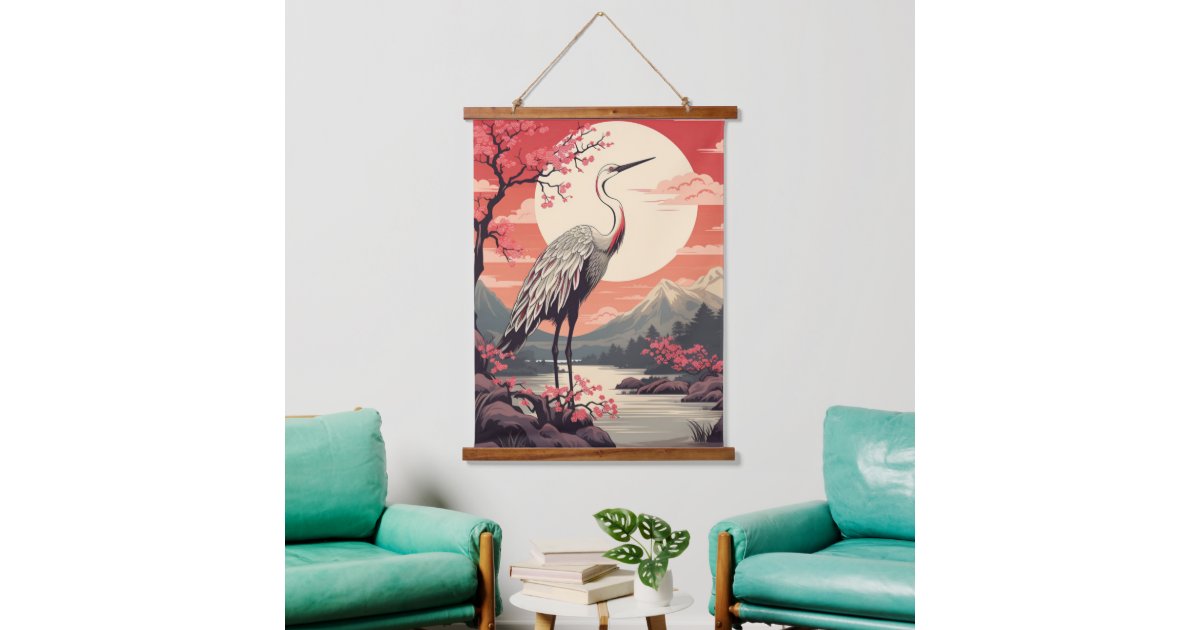 Stork at sunrise by the Lake and Sakura trees Hanging Tapestry | Zazzle