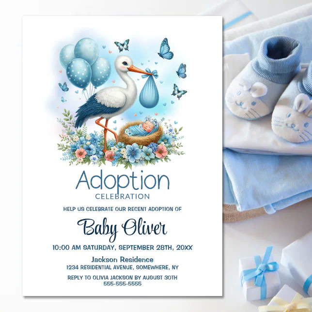 Stork Baby Boy Adoption Baby Shower Invitation | Zazzle