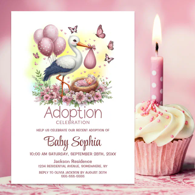Stork Baby Girl Adoption Baby Shower Invitation | Zazzle
