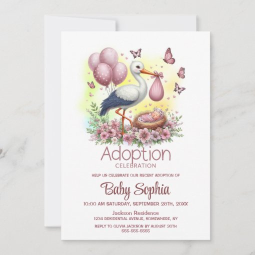 Stork Baby Girl Adoption Baby Shower Invitation | Zazzle