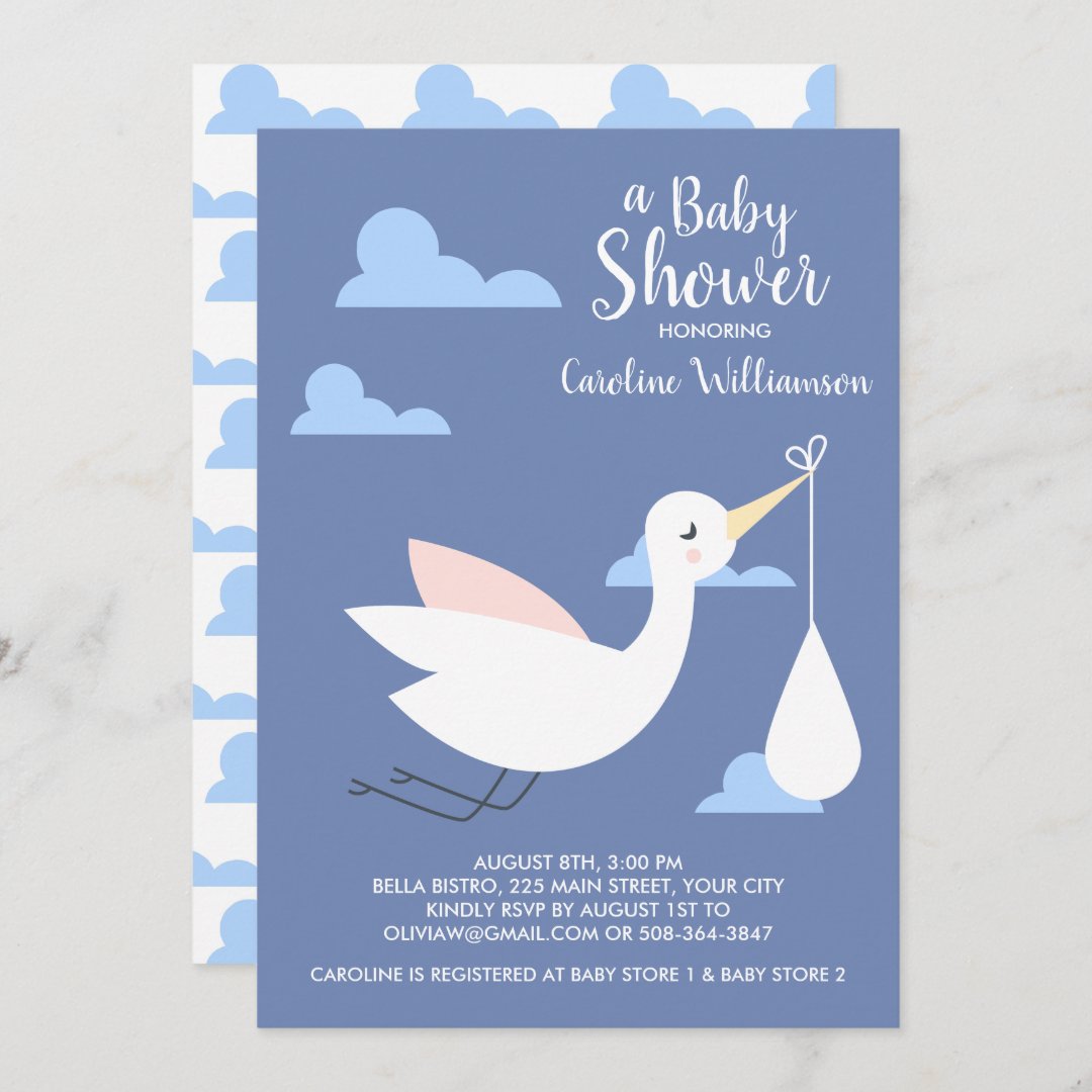 Stork Baby Shower Invitation Baby Bundle & Clouds | Zazzle