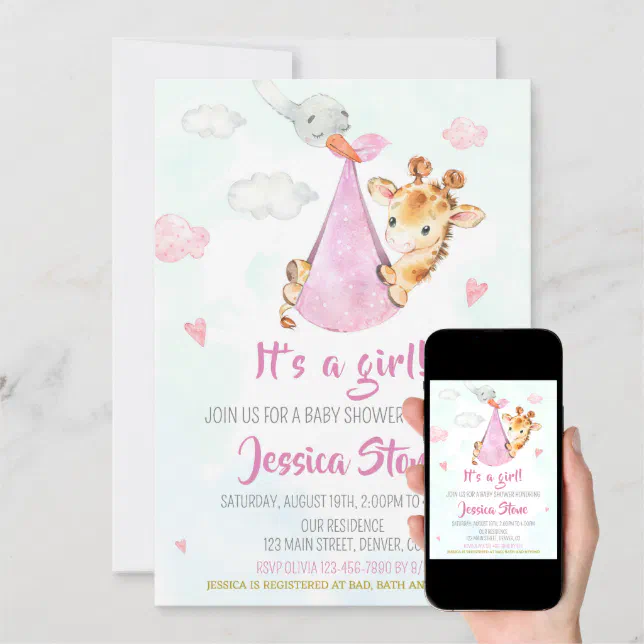 Stork baby shower invitation Giraffe party invite | Zazzle