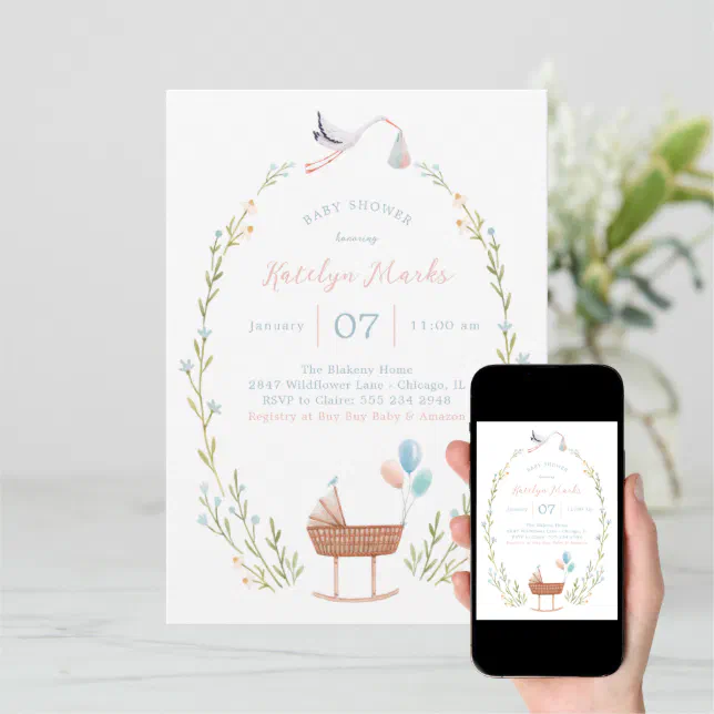 Stork Baby Shower Invitation Pink and Blue | Zazzle