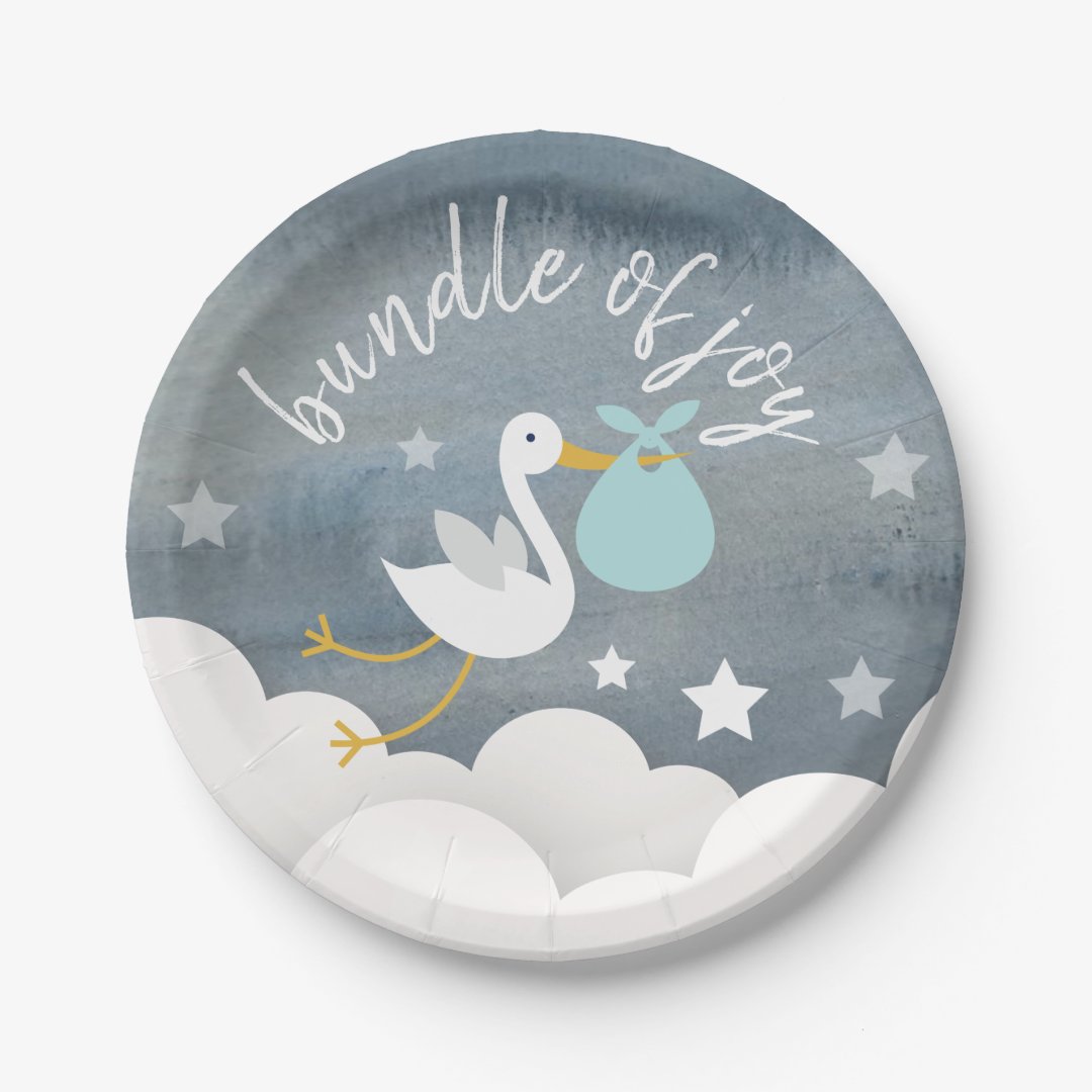 Stork Blue Bundle Stars Watercolor Baby Shower Paper Plates | Zazzle