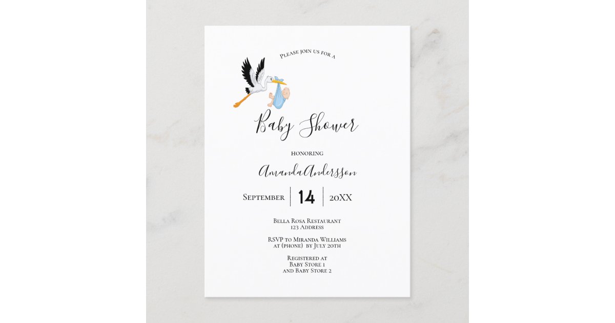 Stork boy blue white baby shower postcard | Zazzle
