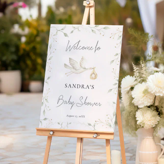 Stork Greenery Baby Shower Welcome Sign | Zazzle