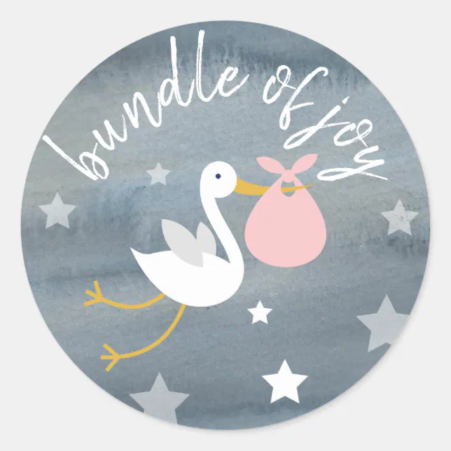 Stork Pink Bundle Stars Watercolor Baby Shower Classic Round Sticker ...
