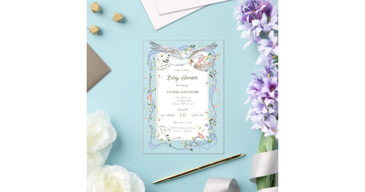 Stork Ribbon and Bow Baby Shower Acrylic Invitations | Zazzle
