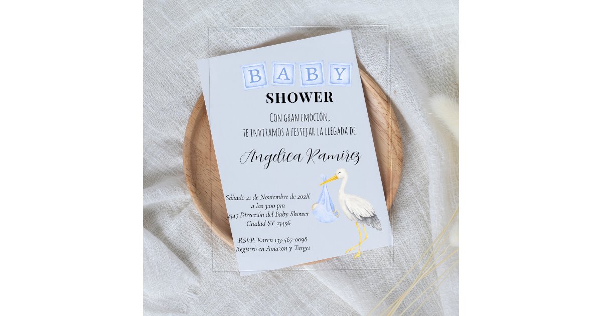 Stork Spanish Baby Shower Dusty Blue Script Acrylic Invitations | Zazzle