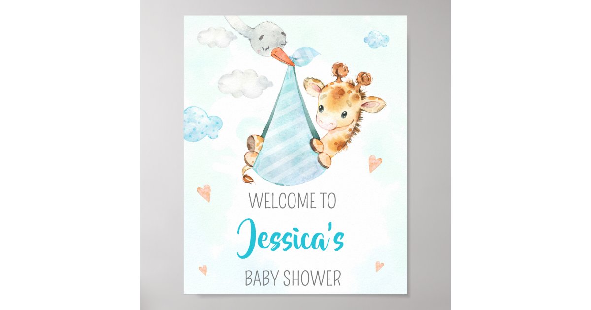 Stork welcome party sign Boy giraffe party poster | Zazzle