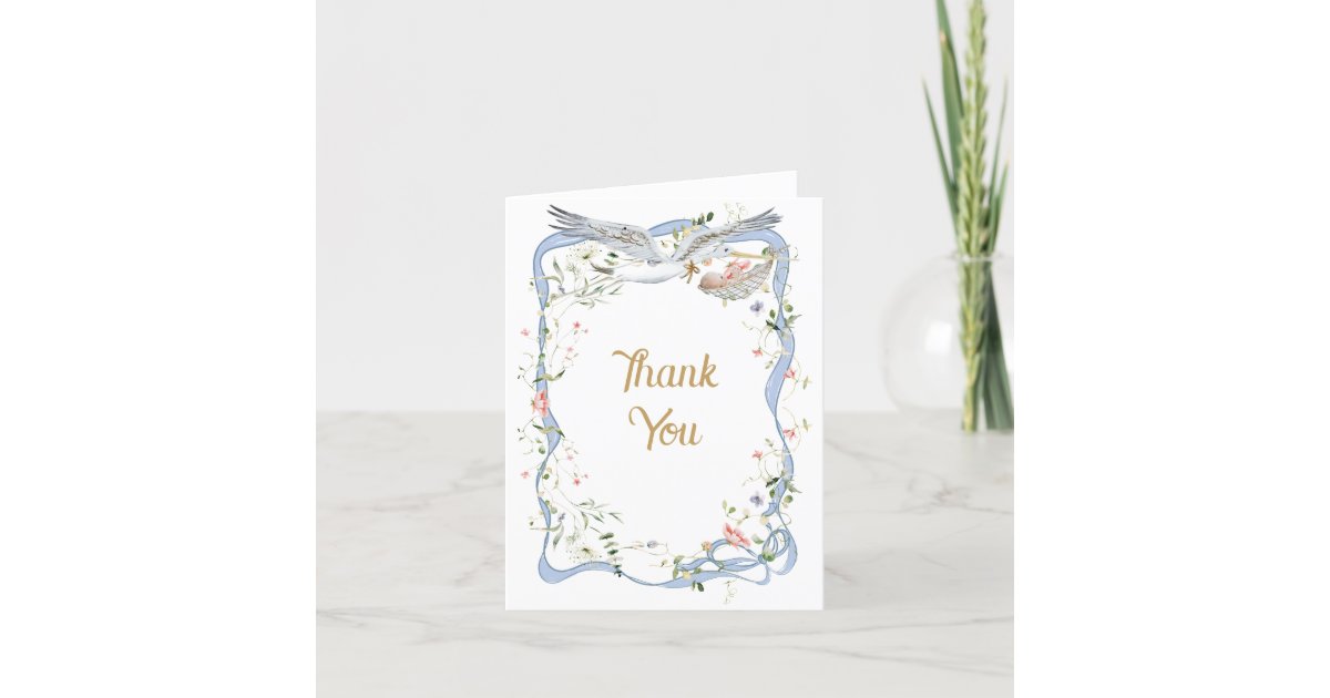 Stork Wildflower Ribbon and Bow Baby Shower Thank You Card | Zazzle