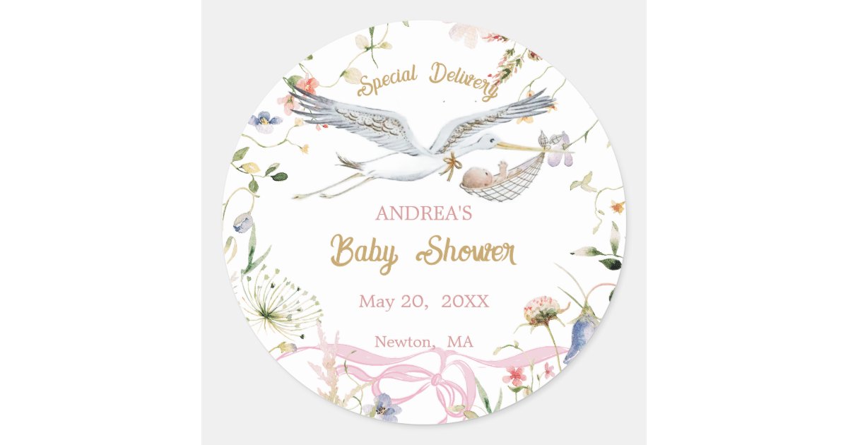 Stork Wildflower Ribbon Baby Shower Classic Round Sticker | Zazzle